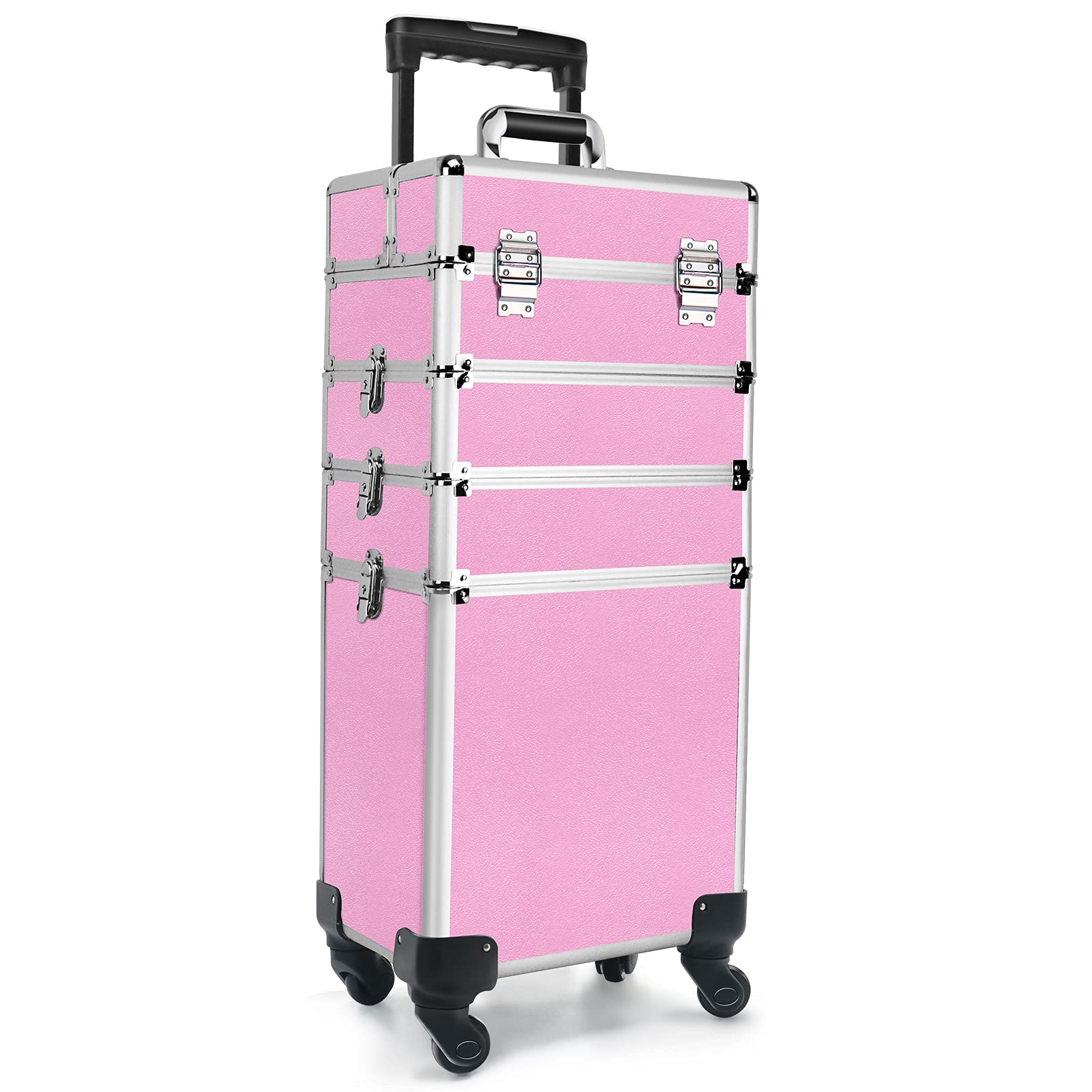 Cosmetic Rolling Makeup Train Case 4 in 1, Make Up Box Travelling Professional, Cosmetology Case on Wheels Pink Black Silver for Cosmetic, Hairstylist, Nail Technician, Tattoo