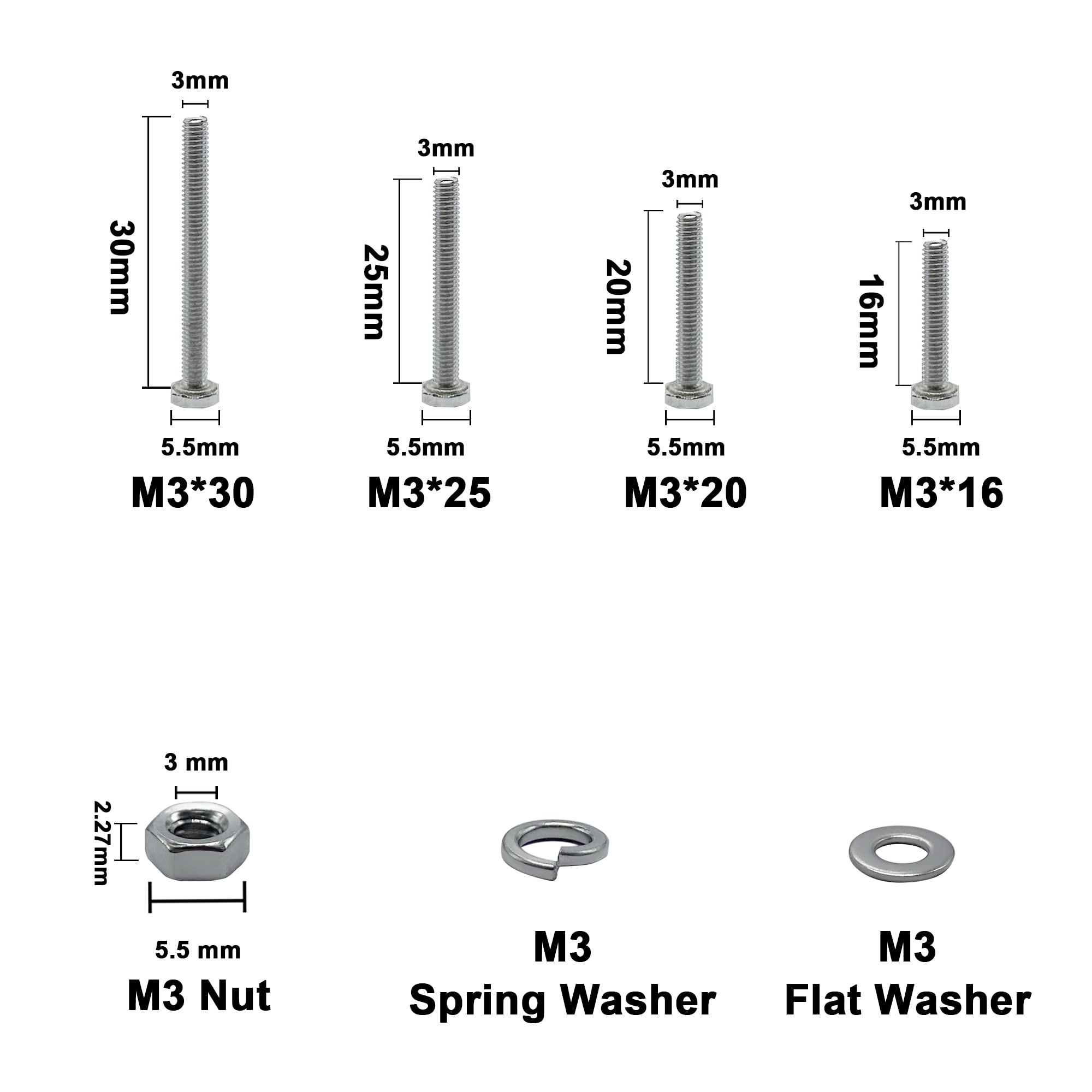 ECKJ M3 Stainless Steel Hex Head Screws Bolts Nuts Flat Spring Washers Assortment Kit 400Pcs(100 Set) Metric Hexagon Cap Screws, Fully Threaded, External Hex Drive 4 Lengths (16/20/25/30mm)