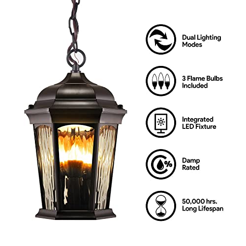 Euri Lighting EHL-130W-MD, Flickering Flame Hanging Lantern, Water Glass, with Integrated Security Light (3000K), Wall Switch Selectable Function, Water Glass, Oil Rubbed Bronze Housing