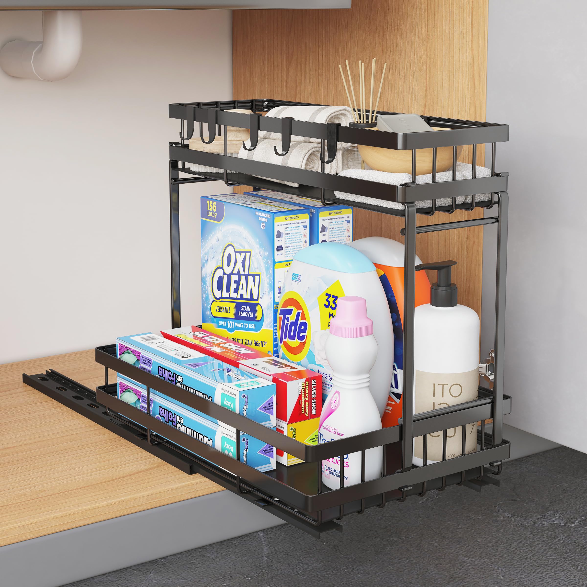 COVAODQ Multi-Purpose Bathroom Cabinet Under Sink Organizers and Storage, Stackable Kitchen Pantry Organization and Storage, Pull Out Cabinet Organizer 2-Tier Black