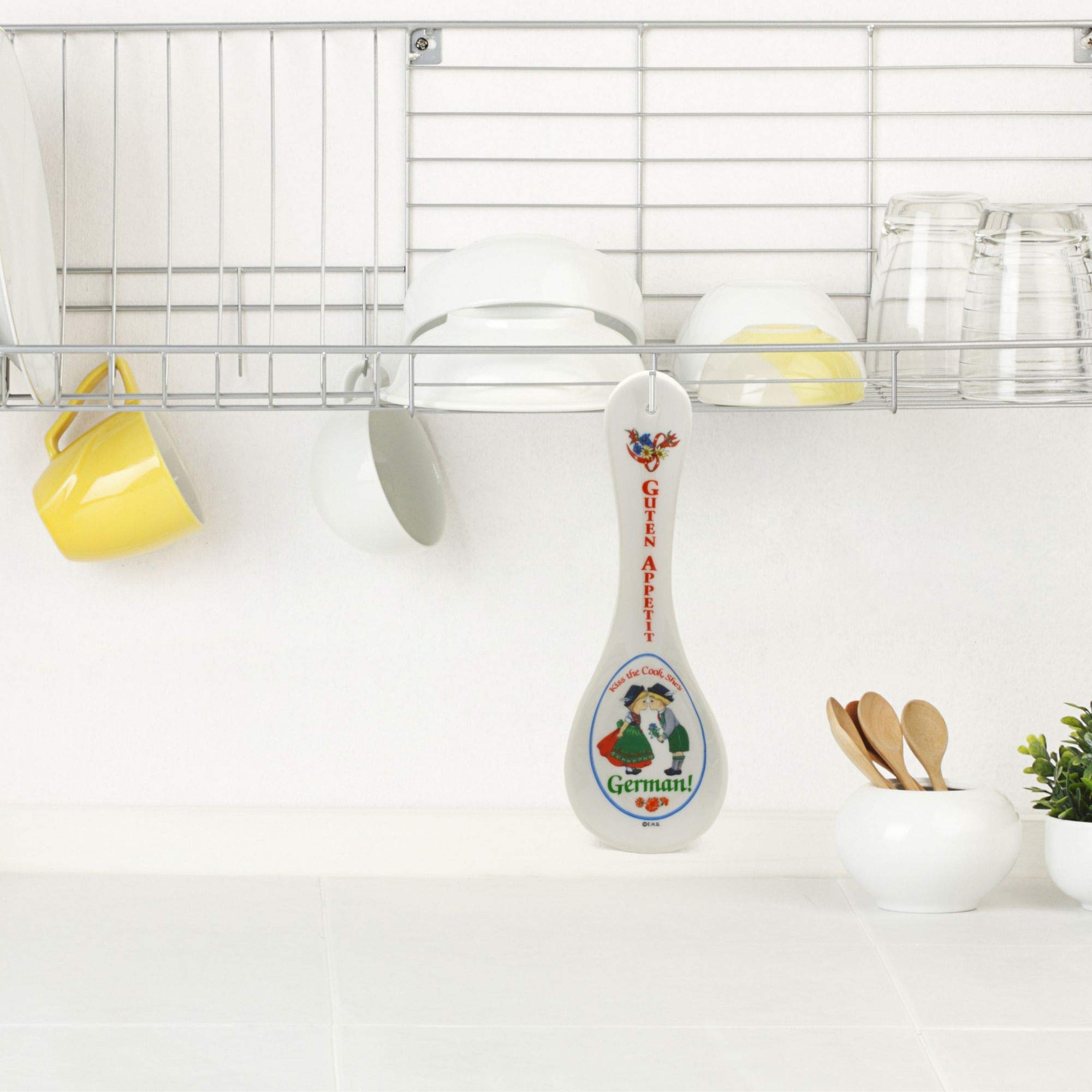 E.H.G - Decorative Ceramic Kitchen Spoon Rest, Guten Appetit' German Kissing Couple Design, 1x3.5x10 Inches - Kitchen Essentials, Kitchen Utensil Holder, Spoon Rest for Stove Top.