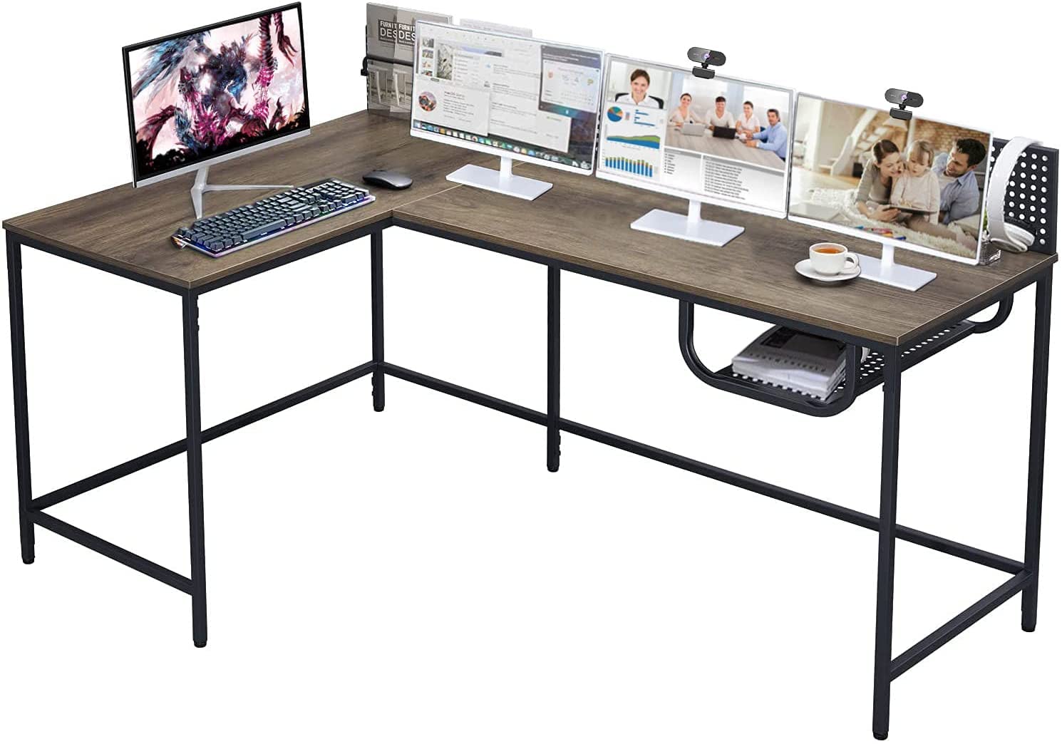 WOHOMO L Shaped Desk 65 Inch No Screw Quick Lock Computer Desk with Storage Basket Gaming Corner Writing Workstation Table with Shelf for Home Office Easy to Assemble, Walnut