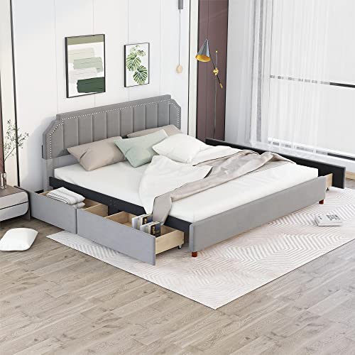 GLORHOME King Size Upholstered Platform Bed with Headboard and 4 Storage Drawers, Solid Support Legs