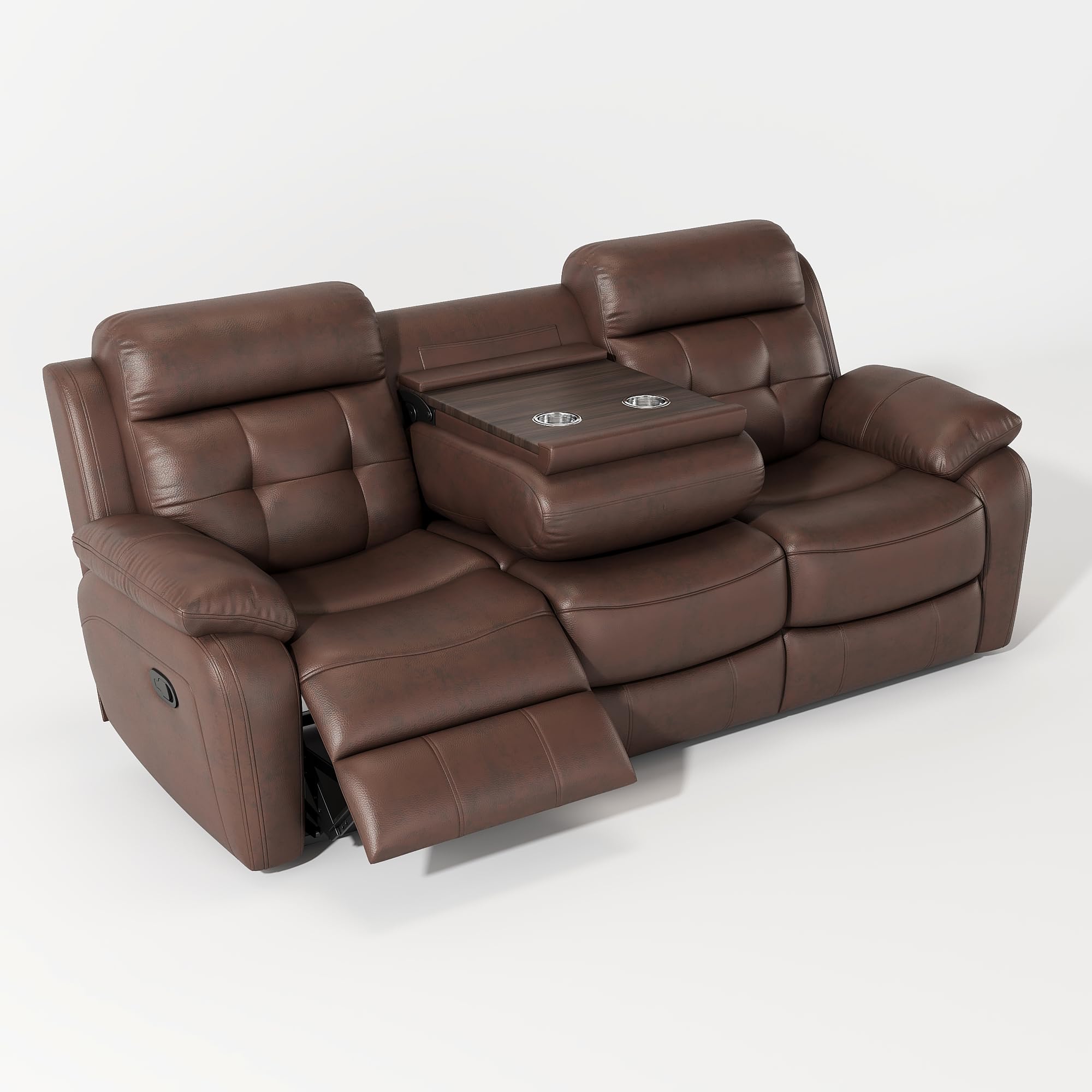 Elountik Luxury 3-Seat Genuine Leather Manual Reclining Sofa, Leather Recliner Couch with Drop Down Table and Stainless Steel Cupholders (Blue)