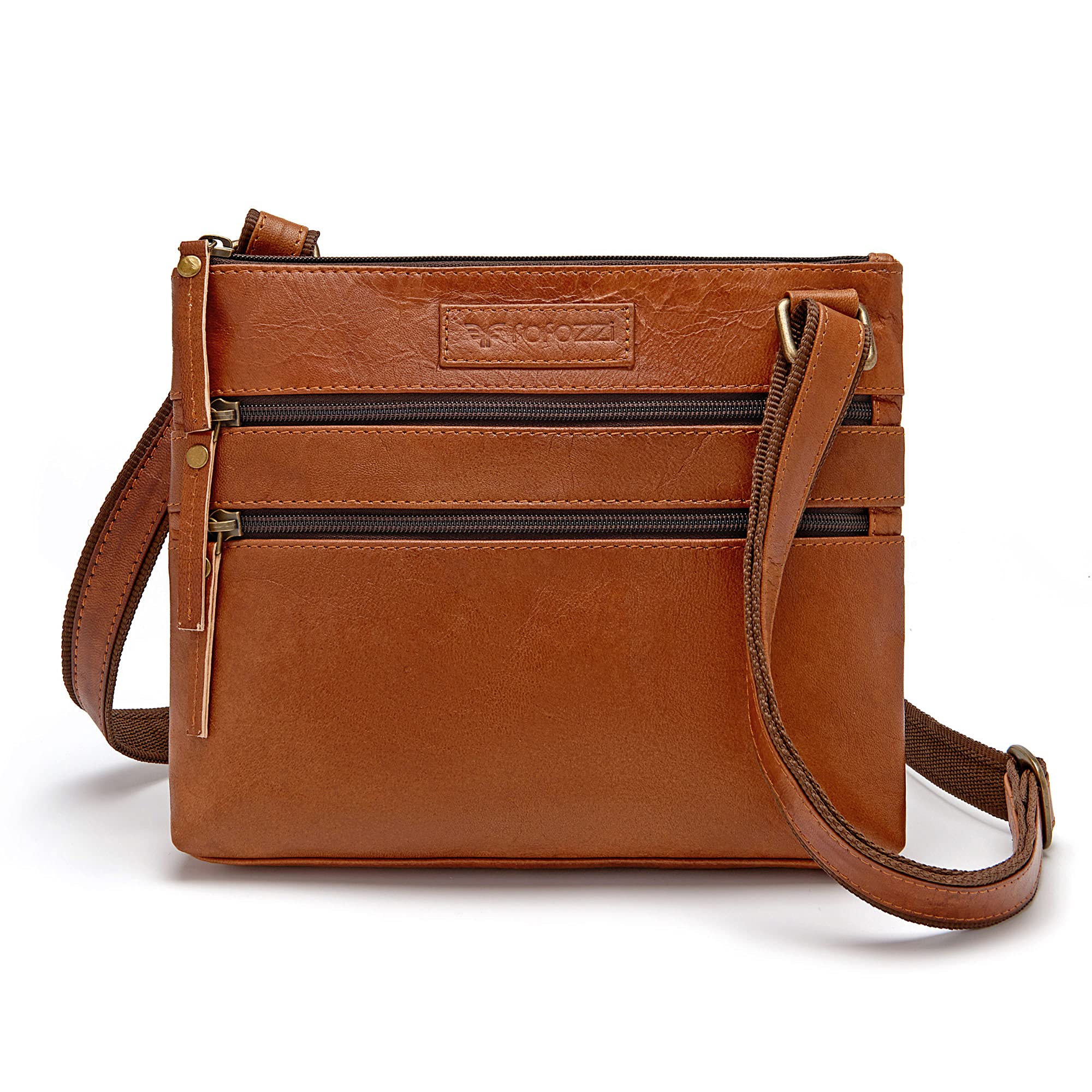 rofozzi Leather Crossbody Bags for Women - Shoulder Handbag and Purse with Triple Zipper Pockets - Small