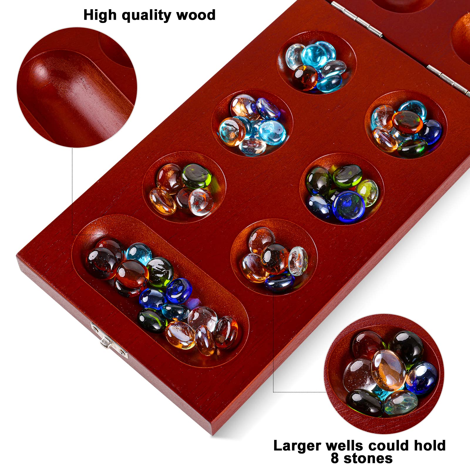 Ceebyfa Mancala Board Game for Kids, Adults & Family. Includes Folding Rubber Wood Board, 48+10 Colorful Mancala Stones & Instruction. Classic & Portable Marble Game for Travel