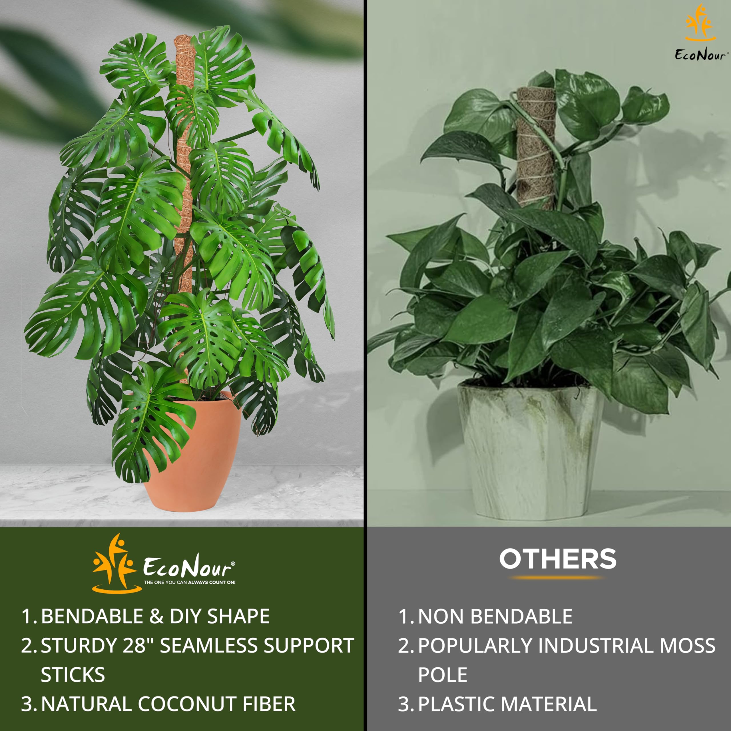 EcoNour Moss Pole for Plants - 28 Inches (2 Pack) | Monstera Plant Support for Vertical Growth | Indoor Climbing Plant Support for Potted Plants Like Pothos, Philodendrons, and More