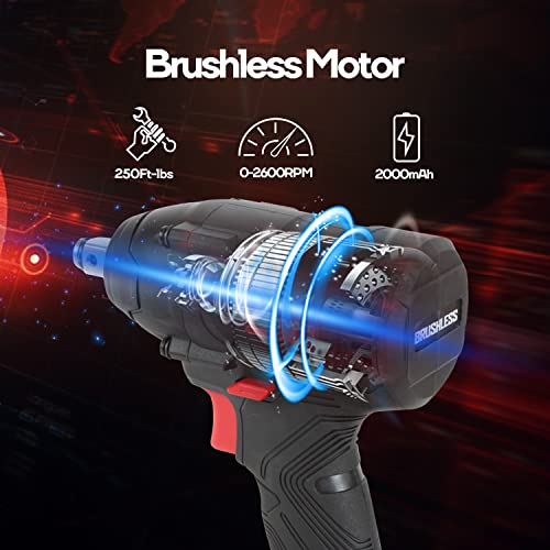 Eastvolt 20V Cordless Impact Wrench, 250Ft-lbs High Torque Brushless Wrench Kit 2600 RPM, Battery Impact Driver with Fast Charger, LED Light, 4 Sockets, Belt Clip and Storage Box