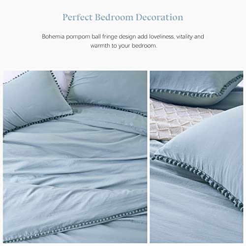 Newspin Duvet Cover Queen Size Pom Pom Fringe Blue,3Pcs Soft Breathable 100% Washed Microfiber Boho Bedding Duvet Cover Set with Zipper Closure,1 Duvet Cover(90"X90") and 2 Pillow Shams(No Comforter)