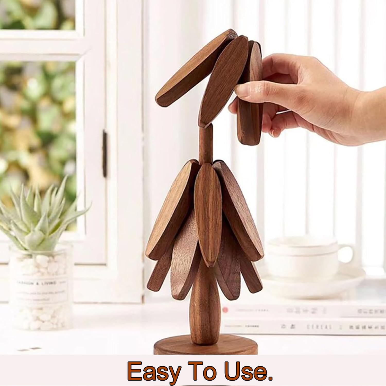 Generic Wooden Tree Coaster,Wooden Tree Coaster for Hot Dishes,Tree Shape,Trivets for Hot Dishes,3 Wooden Trivet + 1 Stand (Brown)