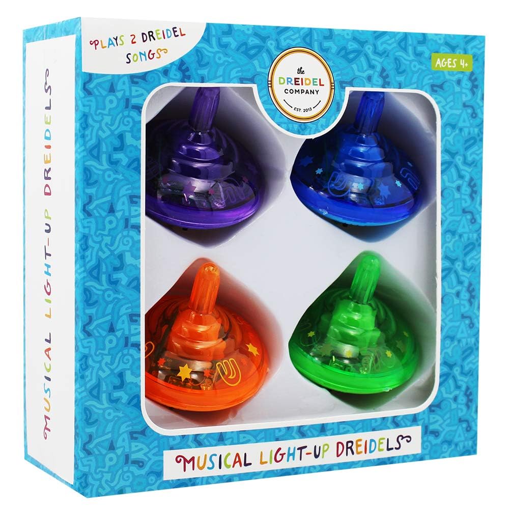 The Dreidel Company Hanukkah Musical Light-Up Dreidel Spinning Tops Set, Plays 2 Classic Hanukkah Songs, Assorted Colors (4-Pack)