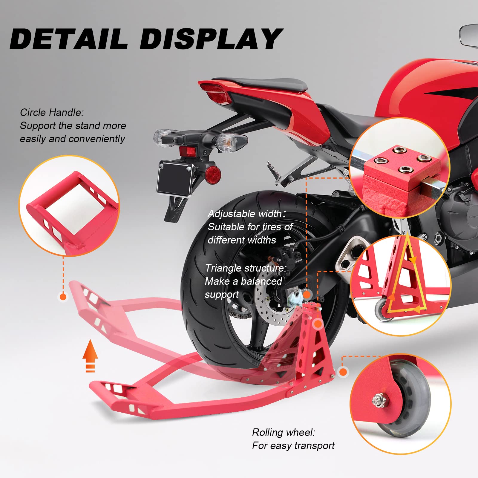 Ruedamann 550 lbs Capacity Motorcycle Stand,Adjustable 9.8"-13.8"W Motorcycle Rear Lift,Motorcycle Storage Lift Stand, Wheel Lift Stand for Sport Bikes,Dirt Bikes,Rear stand, Red