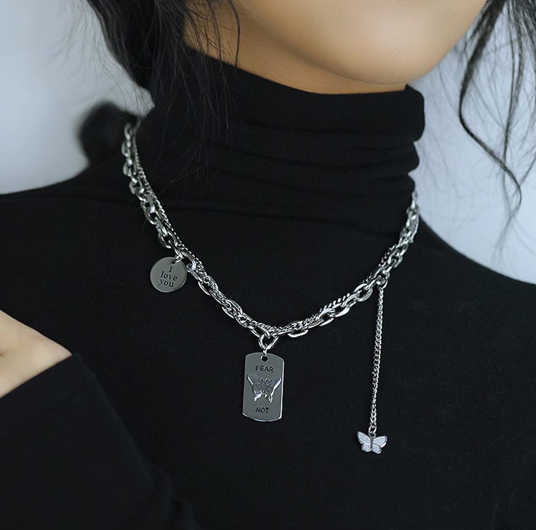 CooJew Stainless Steel Layered Necklace Smiling Face Pendant,19" Adjustable Multilayer Choker Punk Long Chain for Women Men