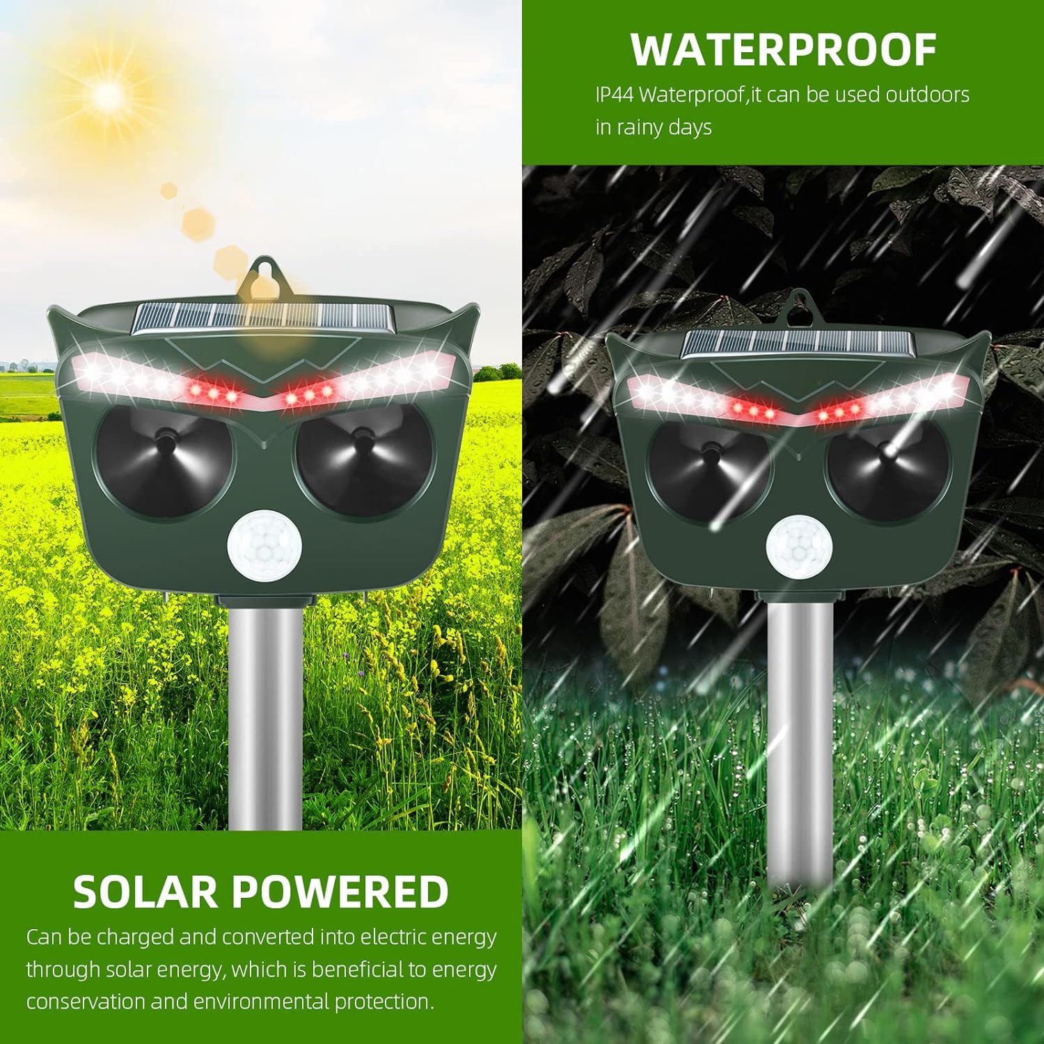 Jahy2Tech Ultrasonic Solar Animal Repeller Outdoor Animal Repellent with Motion Sensor,6 Frequency Setting,Loud Deterrence Sound,16 Flashing Lights,Deer Cat Dog Raccoon Squirrel Deterrent Device