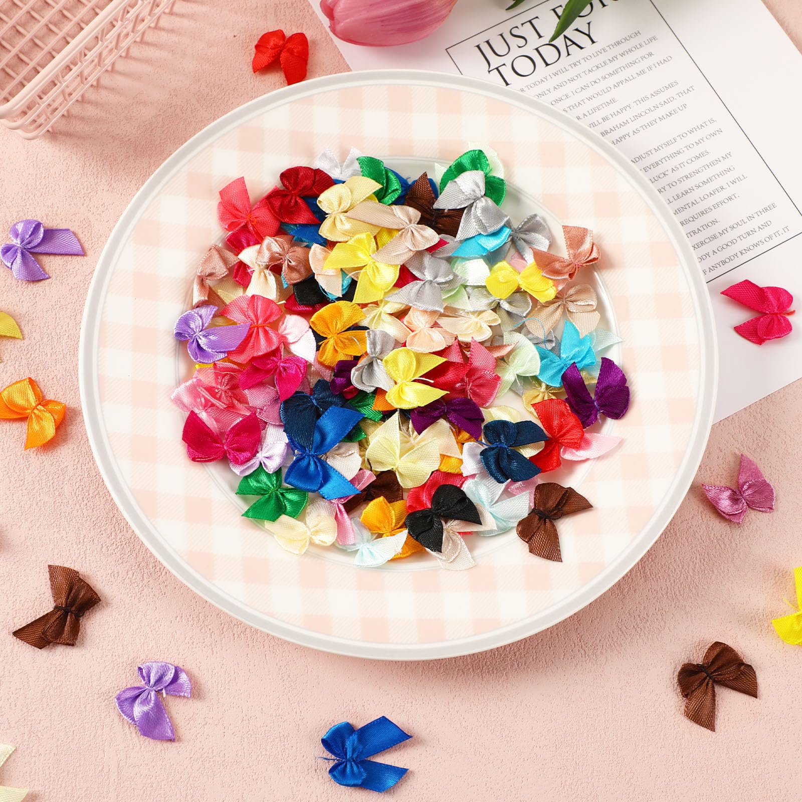 JUNEBRUSHS Multicolor Bows, 180Pcs Mini Satin Ribbon Bows Ribbon Small Tiny Bows for DIY Craft Sewing Scrapbooking