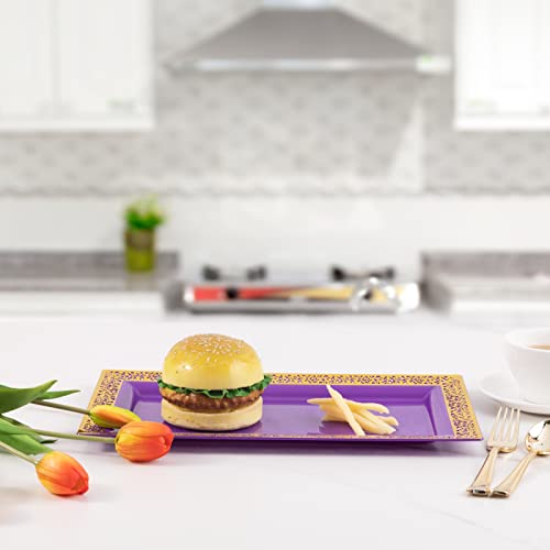 U-QE 8 Pack Rectangle Plastic Serving Tray - Purple & Gold Rim Disposable Serving Trays and Platters for Food - Platters for Serving Food - Party, Wedding, Dessert Table, Cupcake display - 13x8 inches