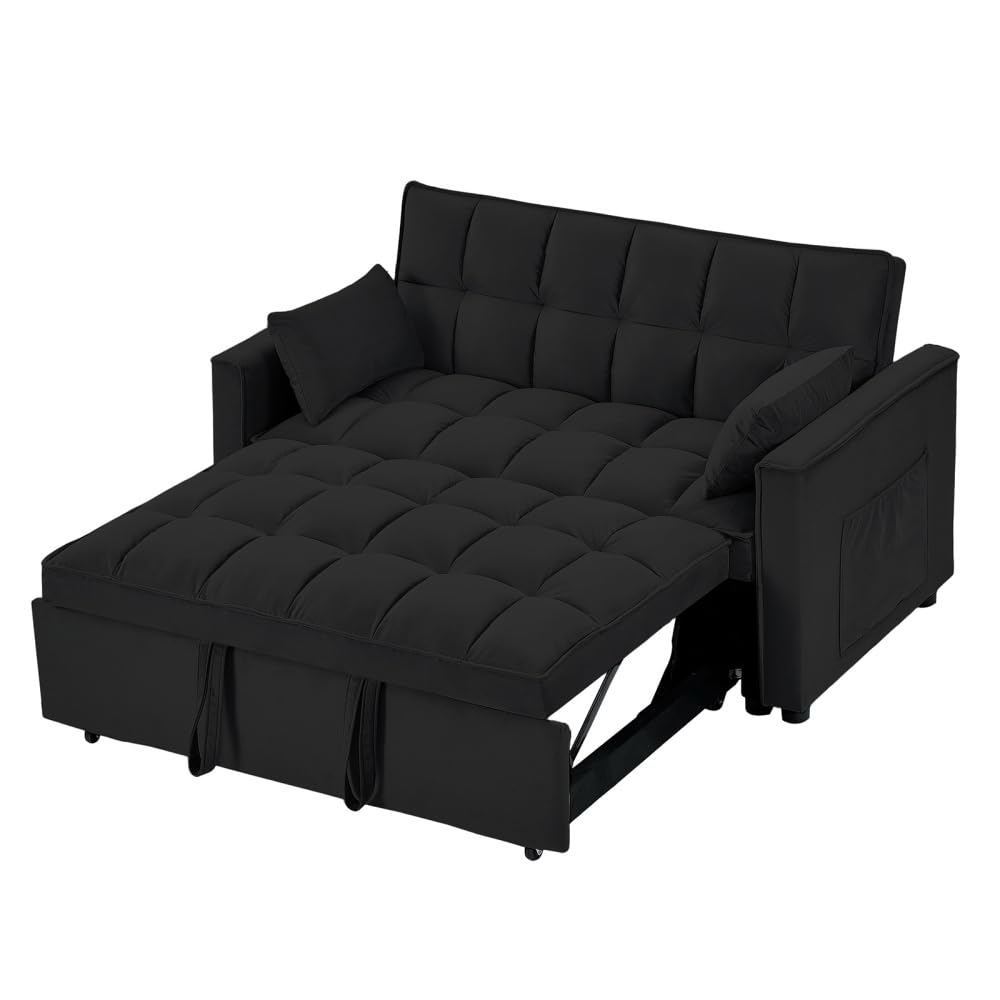 GarveeHome Modern 3-in-1 Velvet Loveseat Futon Couch Pull-Out Bed, Sofa Bed Couch Convertible Sleeper Sofa Bed with Adjustable Backrest, Storage Pockets with 2 Pillows for Living Room Bedroom, Black