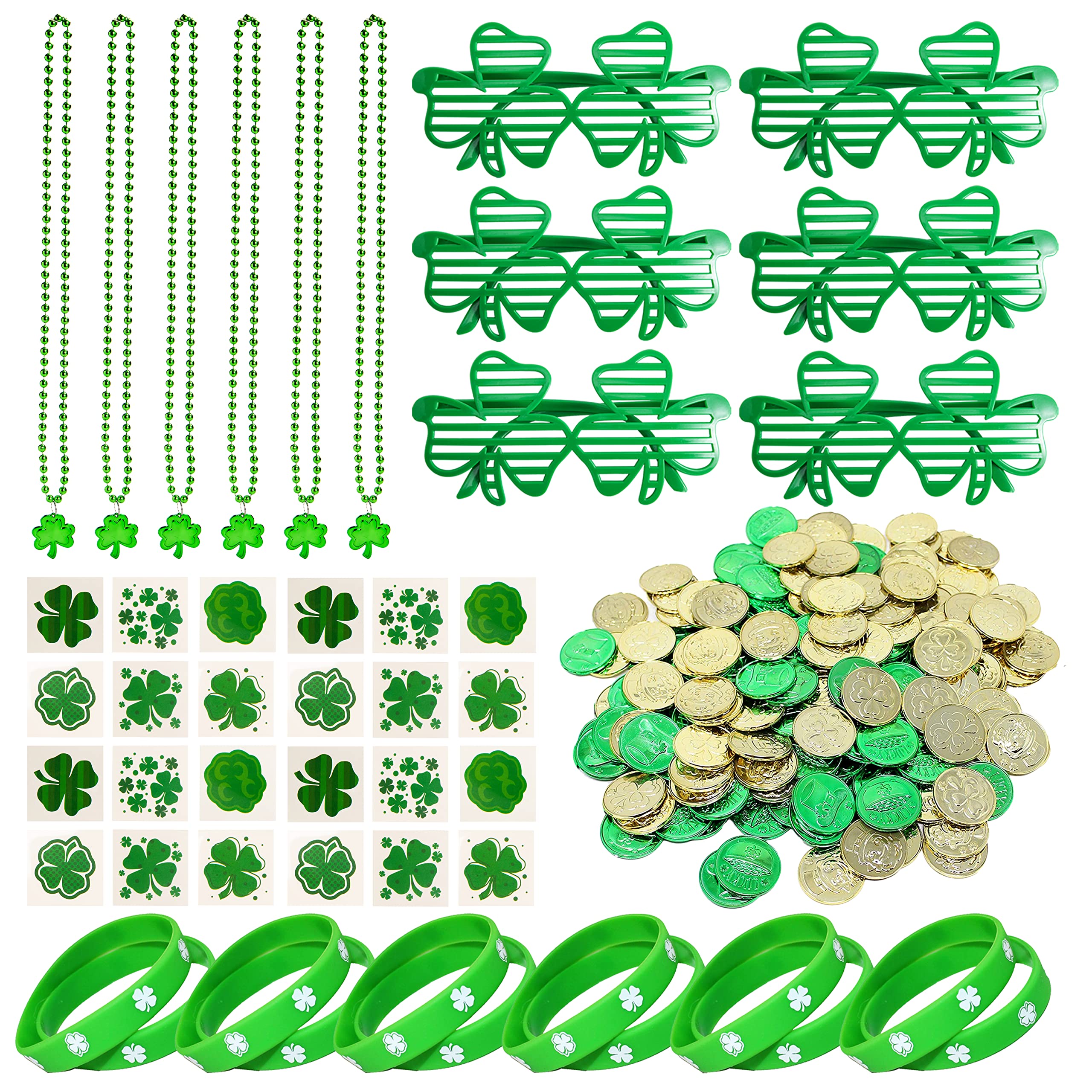 JOYIN 156 Pcs St. Patrick's Day Party Favor Set, 6 Necklaces 6 Eyeglasses 12 Bracelets 72 Temporary Tattoos 12 PCS Mustache 48 Plastic Coins St Patricks Day Accessories