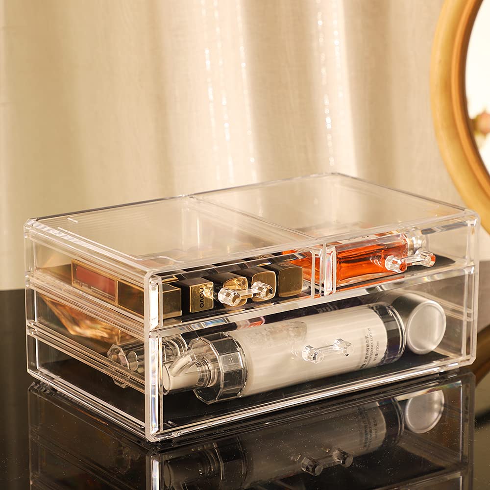 Celar Makeup Organizer With With Lid,Dustproof Waterproof Design Make up Organizer for Bathroom Countertop,7 Drawers Acrylic Skincare and Cosmetic Storage for Vanity Countertop,Dresser Top Organizer