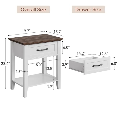 GarveeHome Nightstands, End Table with Drawer, Side Table for Living Room, 2 Tiers Storage Shelves Bedside Table for Study Room, Bedroom, Dorm, 2pcs-White