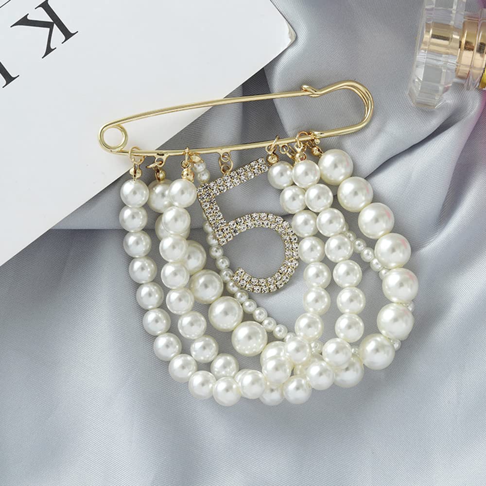 Celebrity Design Imitation Pearl Number Five Brooches Crystal Brooch Pins