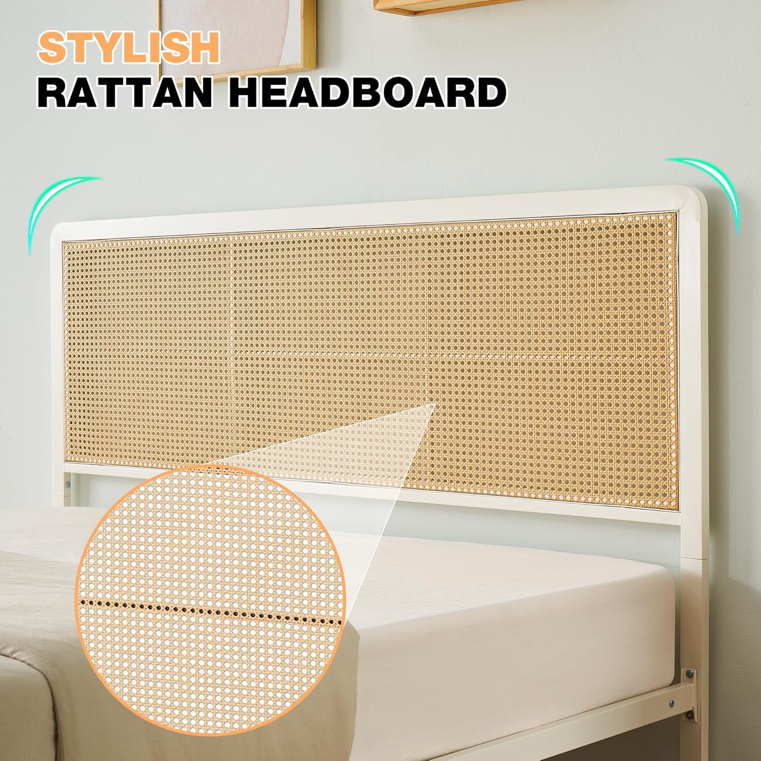 GarveeHome Queen Size White Rattan Bed Frame with LED Lights, Bed Frames with Rattan Headboard, Metal Rattan Platform with Under-Bed Storage, No Box Spring Needed, Noise Free