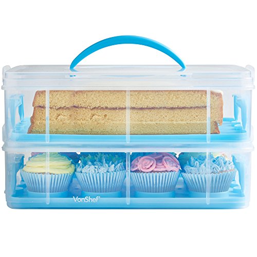 VonShef Snap and Stack Blue 3 Tier Cupcake Holder & Cake Carrier Container - Store up to 36 Cupcakes or 3 Large Cakes