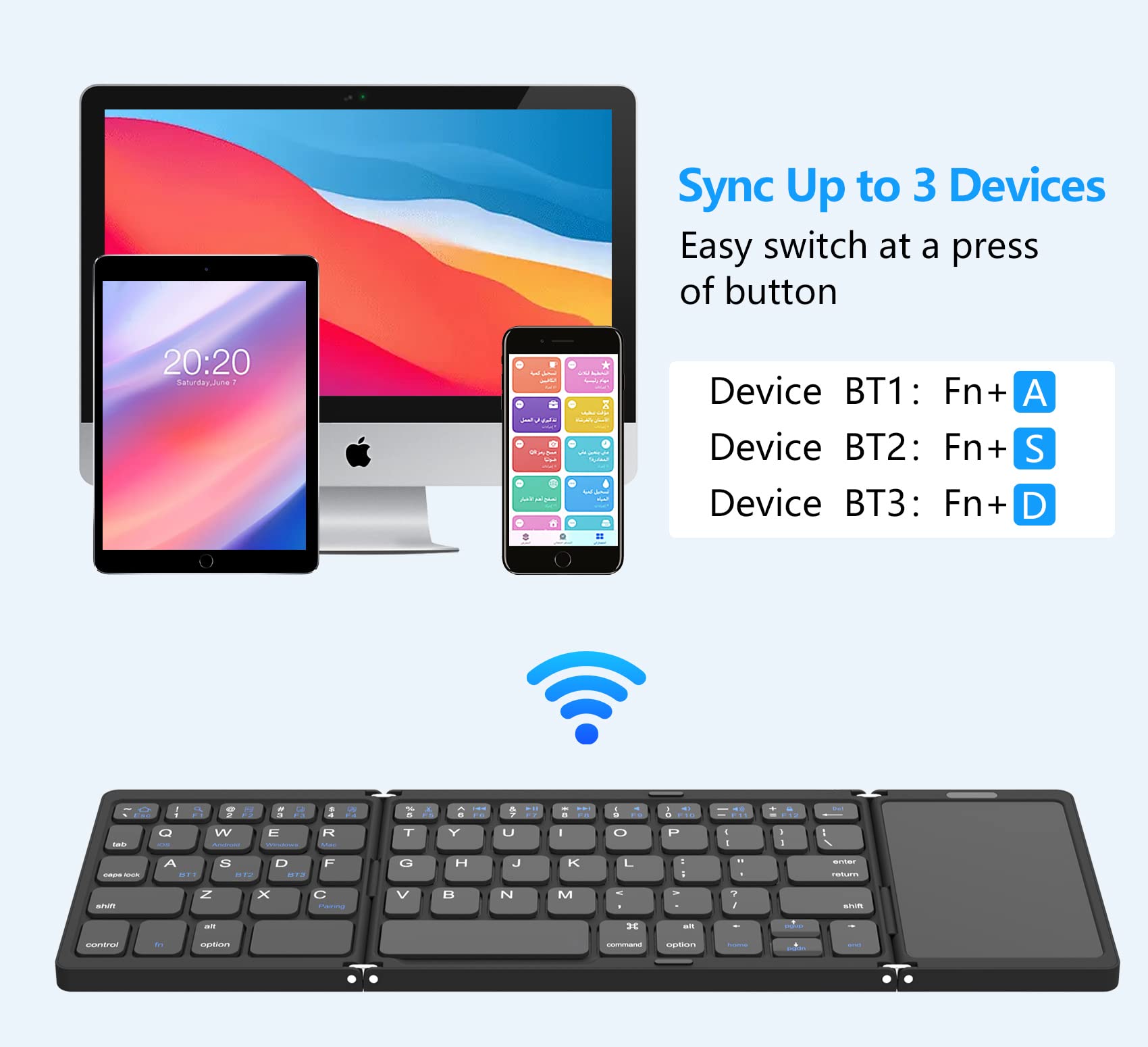 Erkovia Foldable Bluetooth Keyboard, Tri- Foldable Portable Wireless Keyboard with Touchpad, USB-C Rechargeable for iOS, Android, Windows System Laptop Tablet Smartphone Device (Not Full Size)