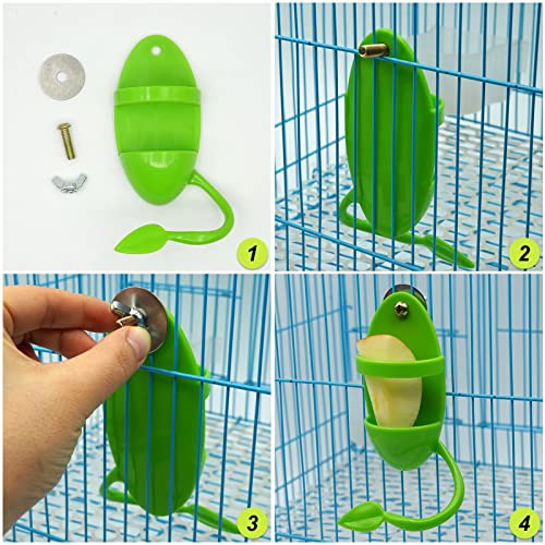 PAULOZYN 2PCS Bird Cuttlebone Stand Holder Feeding Cup Rack Birdcage Accessories with Perches Supplies Fruit Vegetable Storage for Budgies Parakeet Cockatiel Conure Lovebird Finches, Green