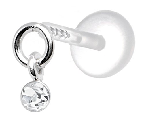 Clear cz Hoop w/gem Dangle Flex Flexible Bioplastic Labret Monroe Lip Tragus Piercing bar Body Jewelry Ring 16g, 16 Gauge