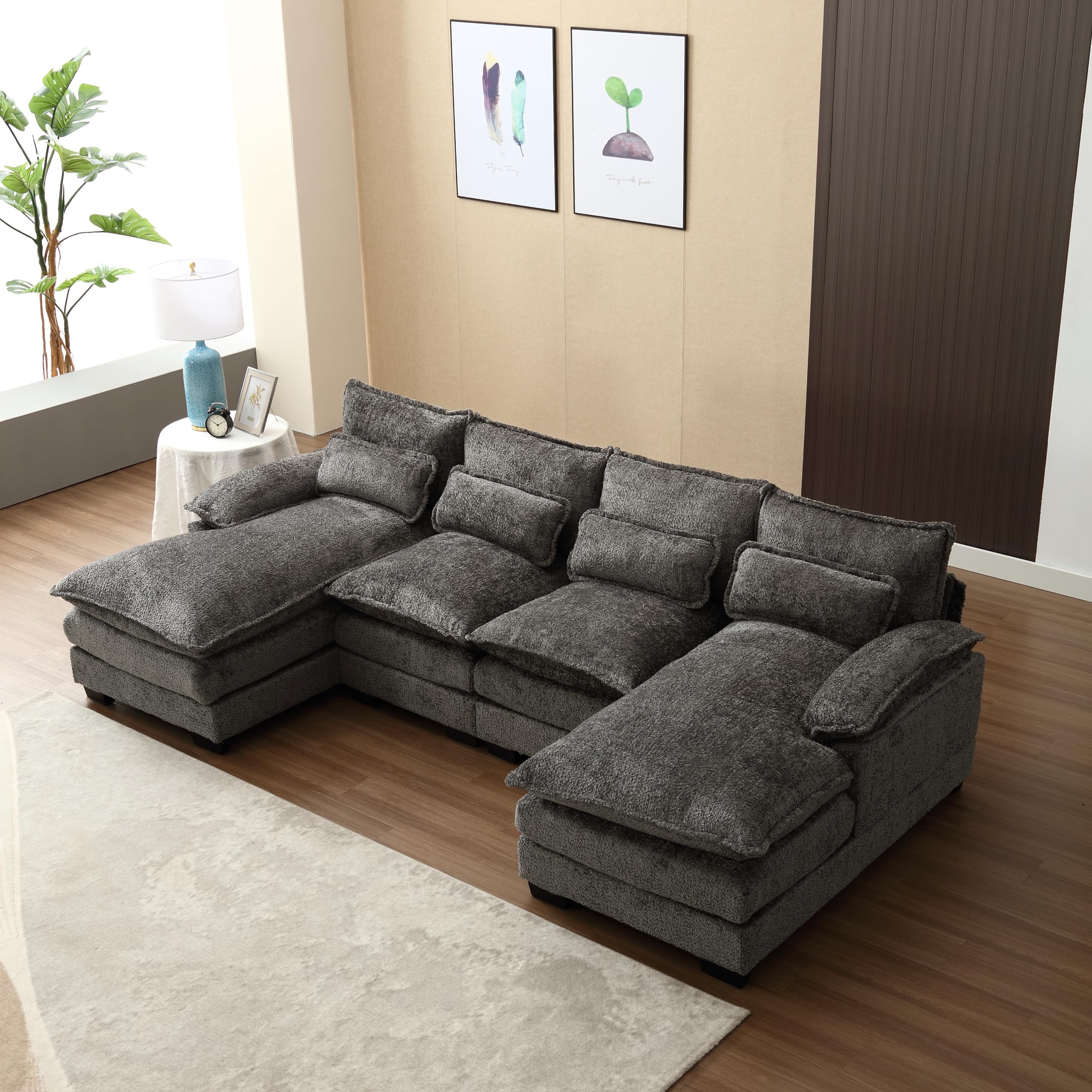 Lakifun Convertible Sectional Sofa, Chenille Fabric U Shaped Couch 4 Seat Sofa with Double Chaises for Living Room, Grey