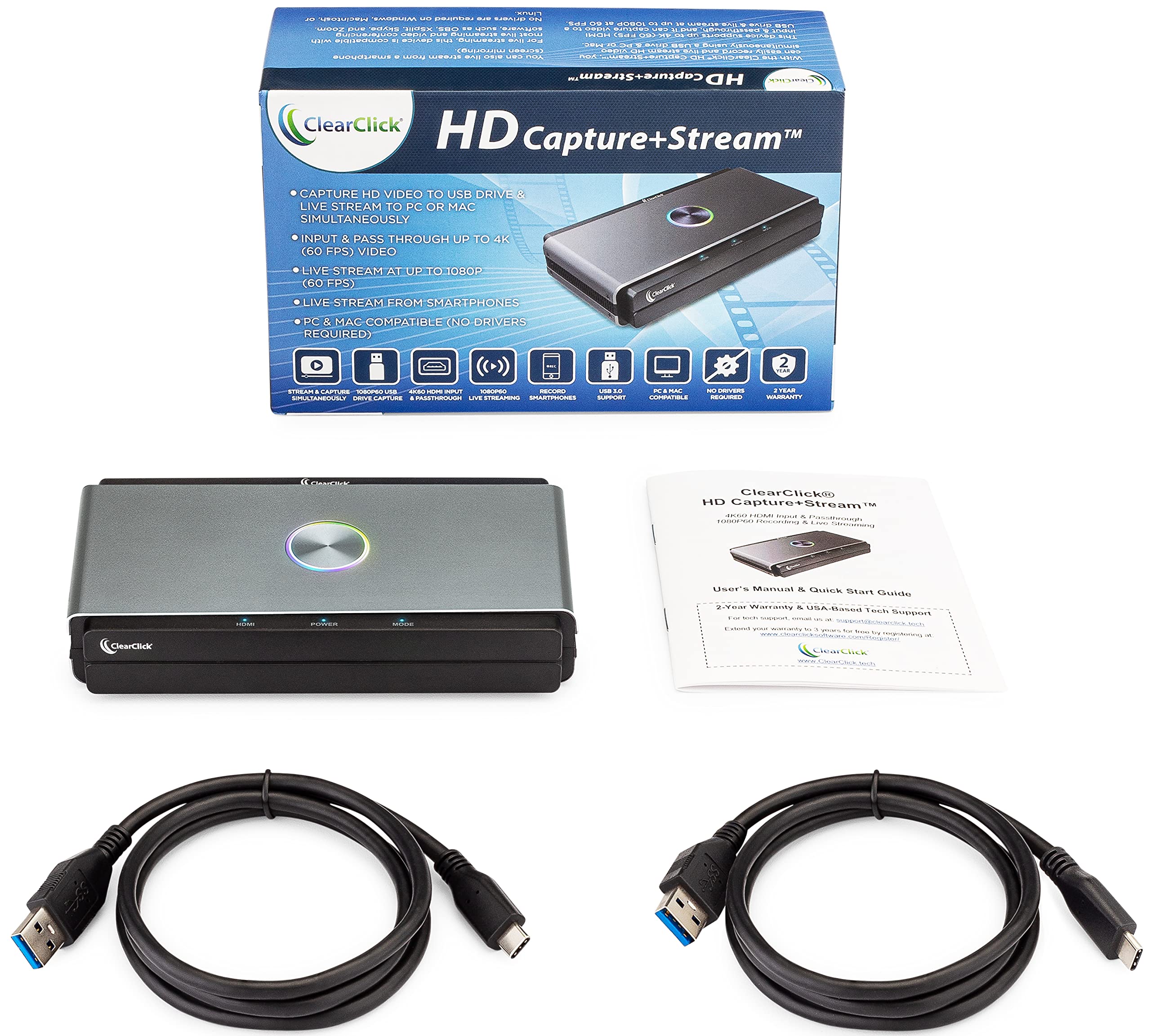 ClearClick HD Capture & Stream - USB HD Capture Card for HDMI Capture and Live Streaming Simultaneously - 4K Input, 1080P Capture - to USB Drive or Computer