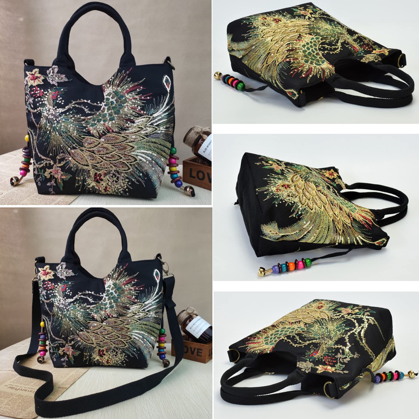 Women Vintage Sequins Peacock Handbag - Ethnic Embroidery with Pendants (black)