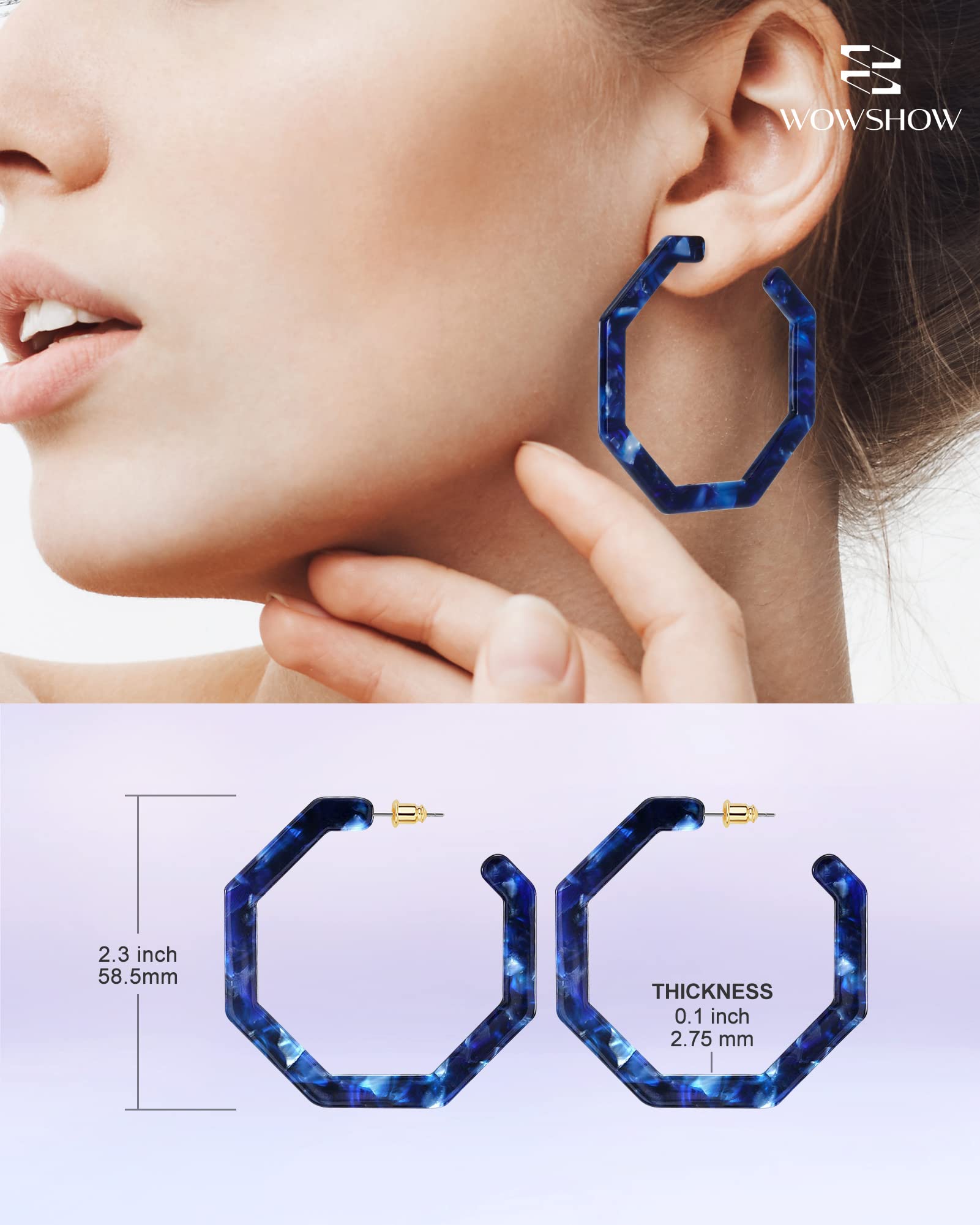 wowshow Acrylic Resin Hoop Earrings for Women Statement Fashion Geometric Octagon Earrings (Blue)