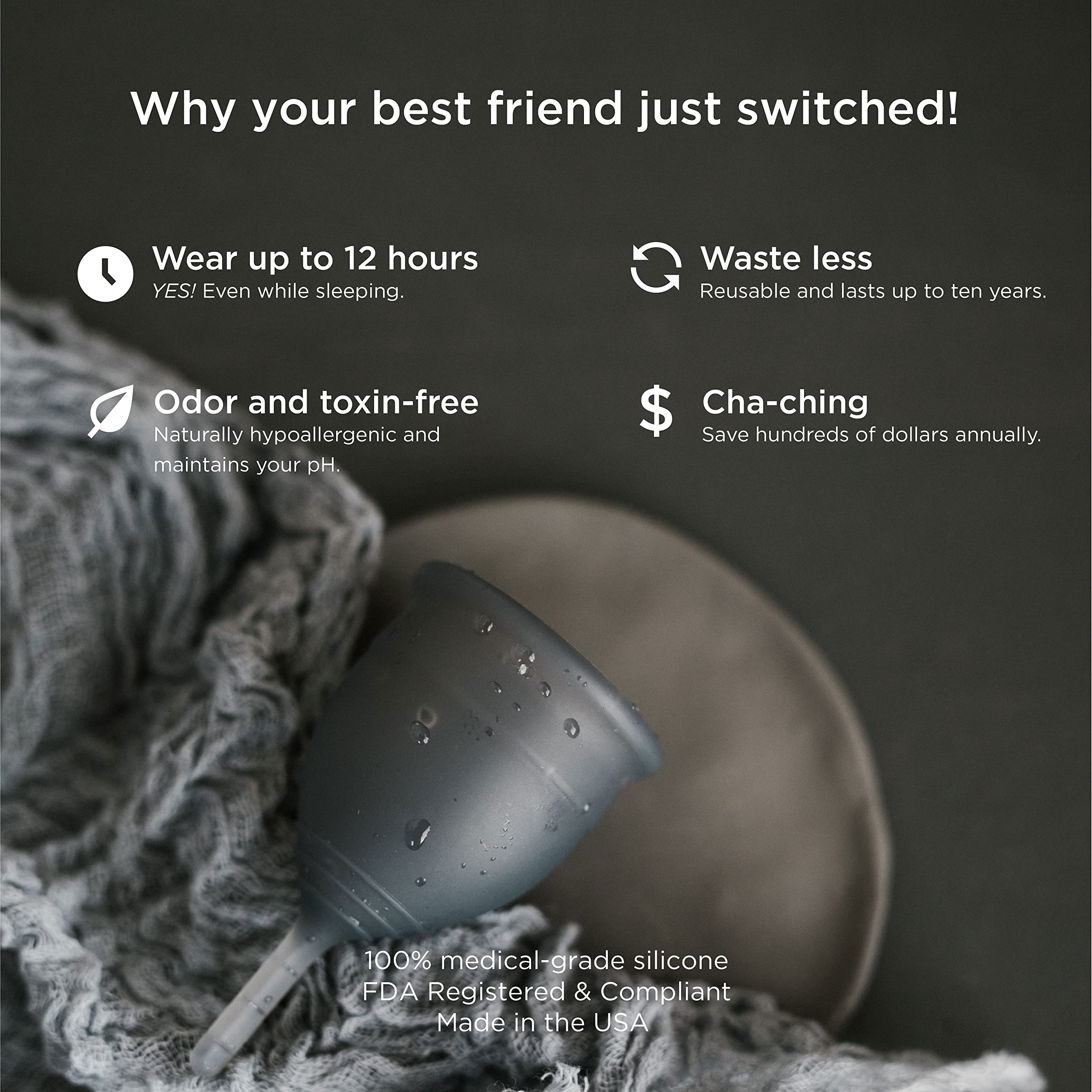 Saalt Soft Menstrual Cup - Super Soft and Flexible - Best Sensitive Cup - Wear for 12 Hours - Tampon and Pad Alternative (Grey, Regular)