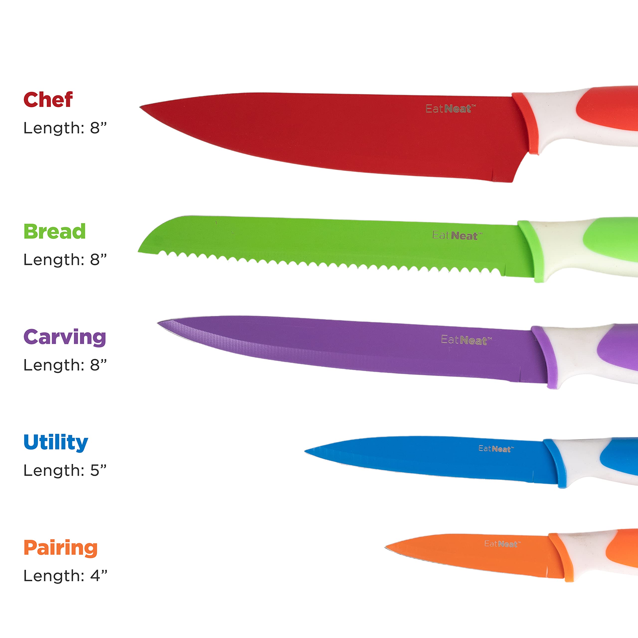 EatNeat 12 Pc Colorful Kitchen Knife Set - Camper Must Haves 5 Stainless Steel Knives with Safety Sheaths 5 pc Cutting Board and Kitchen Knife Set