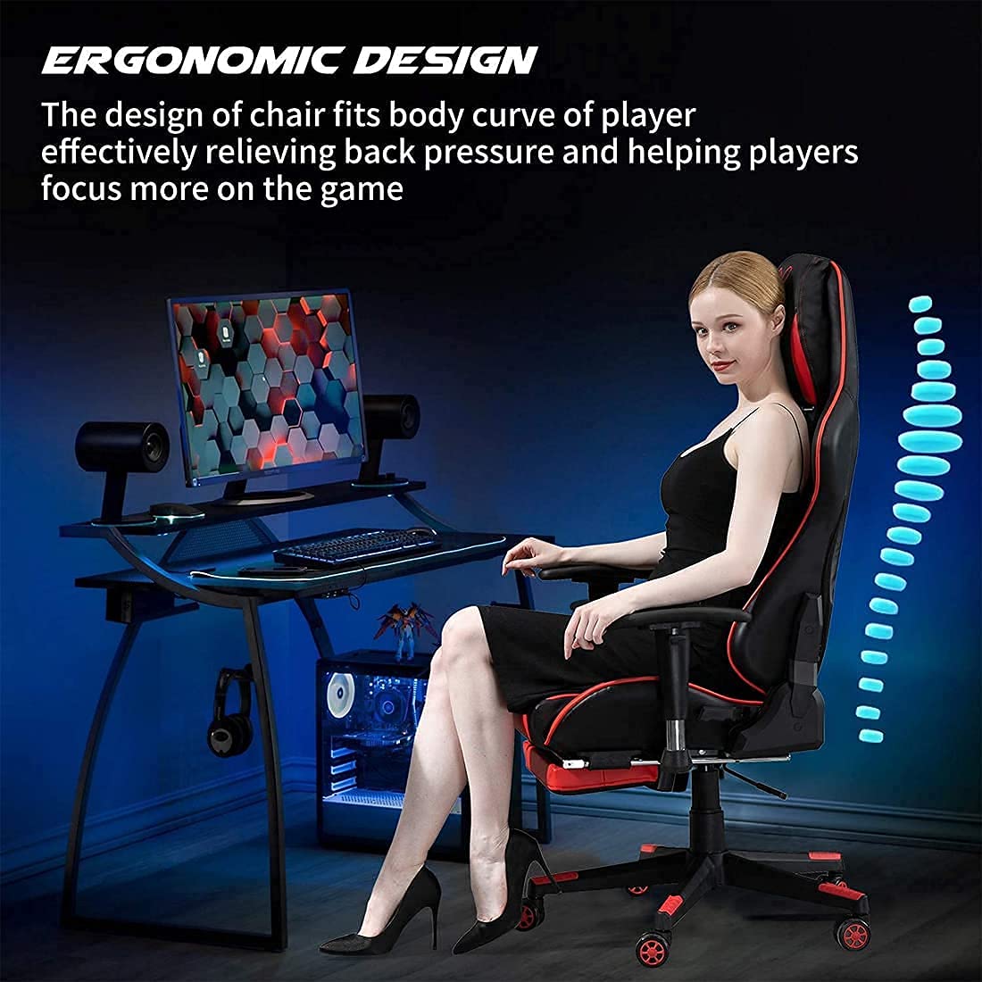 X-VOLSPORT Massage Gaming Chair with Footrest Reclining High Back Ergonomic Office Chair with Lumbar Support and Headrest Computer Chair Red Desk Chair