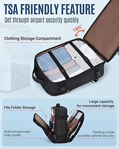 LIGHT FLIGHT Mens Travel Backpack, 36.5L Airline Approved 17.3 inch Laptop Backpack for Weekend Trip, Water-resistant Weekender Backpack for Business, Black