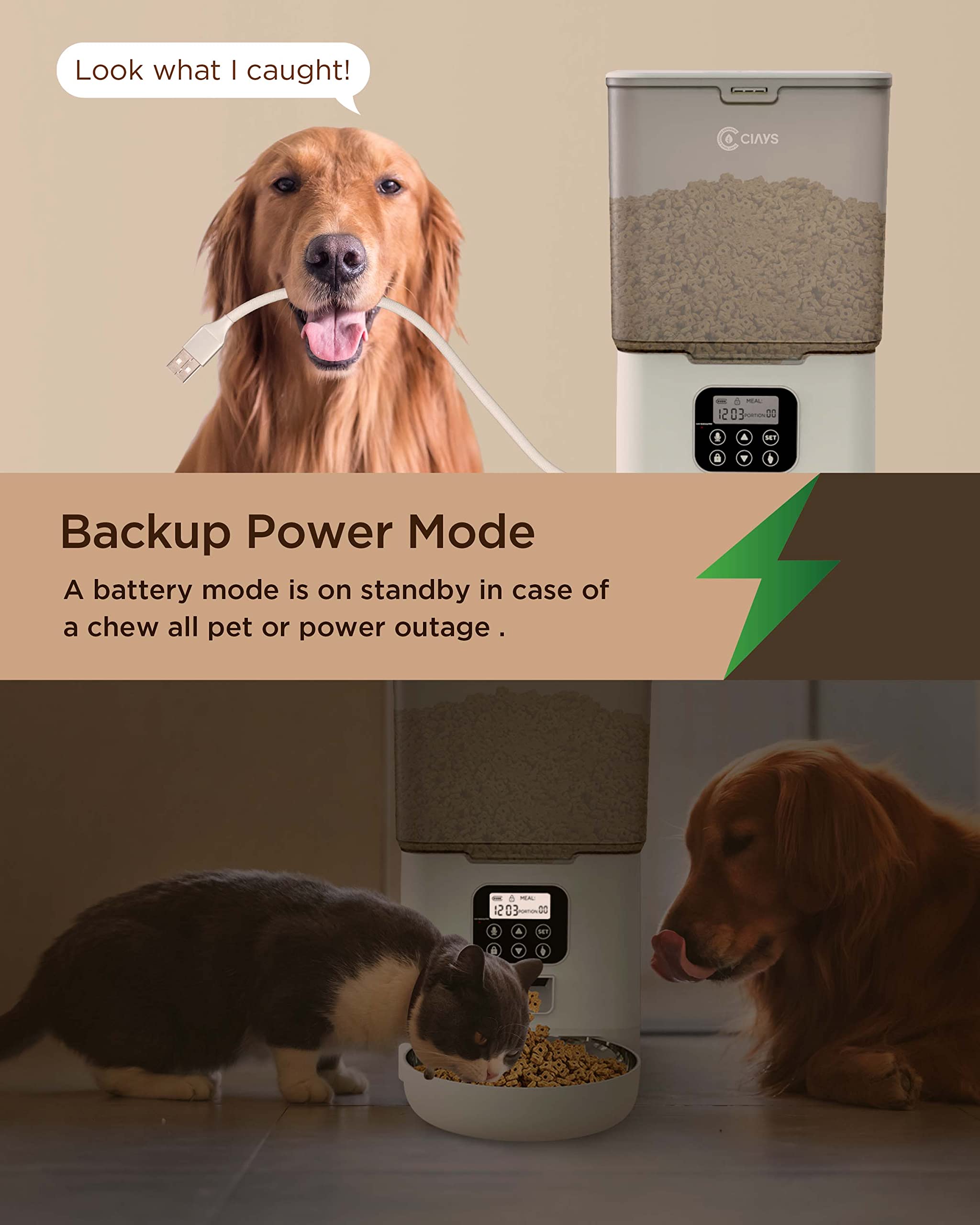 Ciays Automatic Cat Feeder, 5.6L, Control 4 Meals Per Day, Pet Dry Food Dispenser, Dual Power Supply & Voice Recorder, White