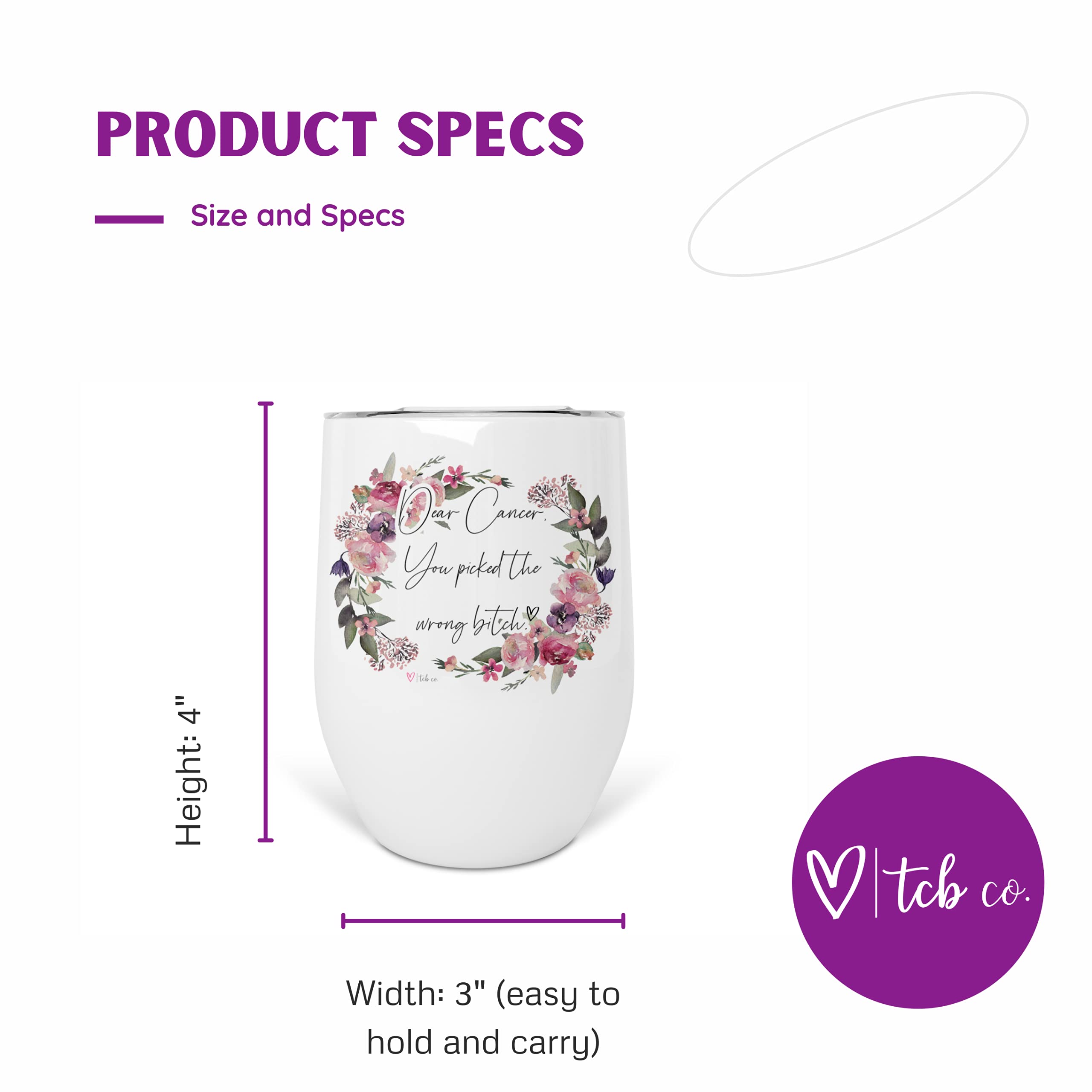 Dear Cancer You Picked the Wrong Bitch, Cancer Patient Gift 12 oz Stainless Steel Insulated Wine Tumbler With Lid