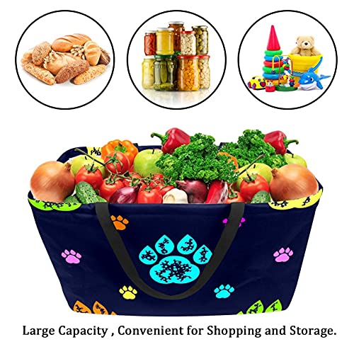 Reusable Shopping Basket Black Colourful Dog Paw Prints Portable Folding Picnic Grocery Bags Laundry Basket Shopping Tote Bag