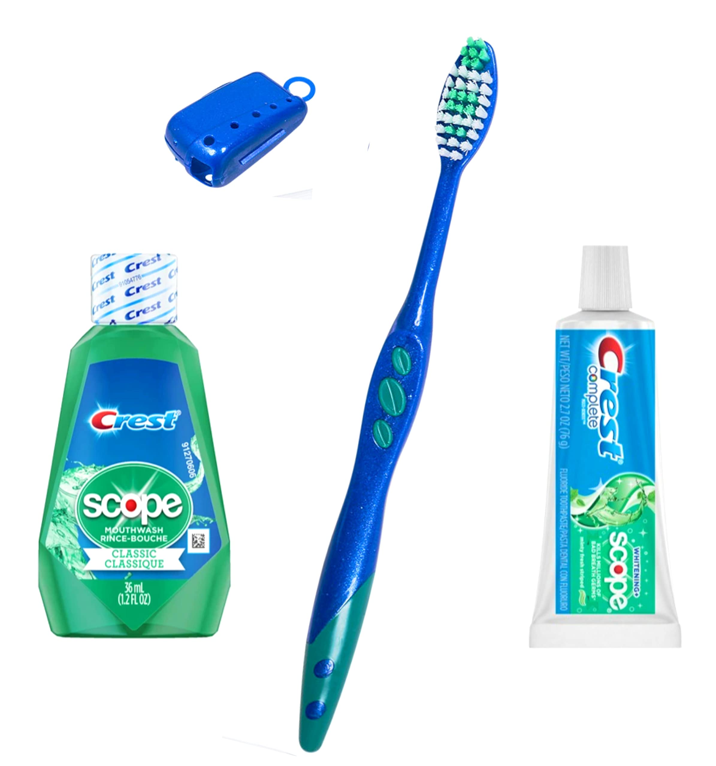 Kali Dreams 5 Piece Crest Toothbrush Toothpaste Travel kit, Crest Toothpaste, Crest Scope Mouthwash (Toothbrush, Toothbrush Cap, Mouthwash, Toothpaste, Travel Bag) - 4 Sets