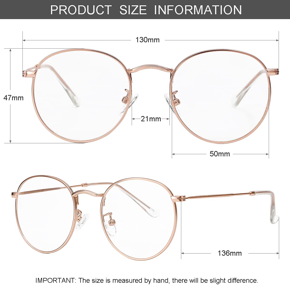 Clear Glasses for Women Men, Classic Round Metal Frame Clear Lens Fake Glasses (Gold)