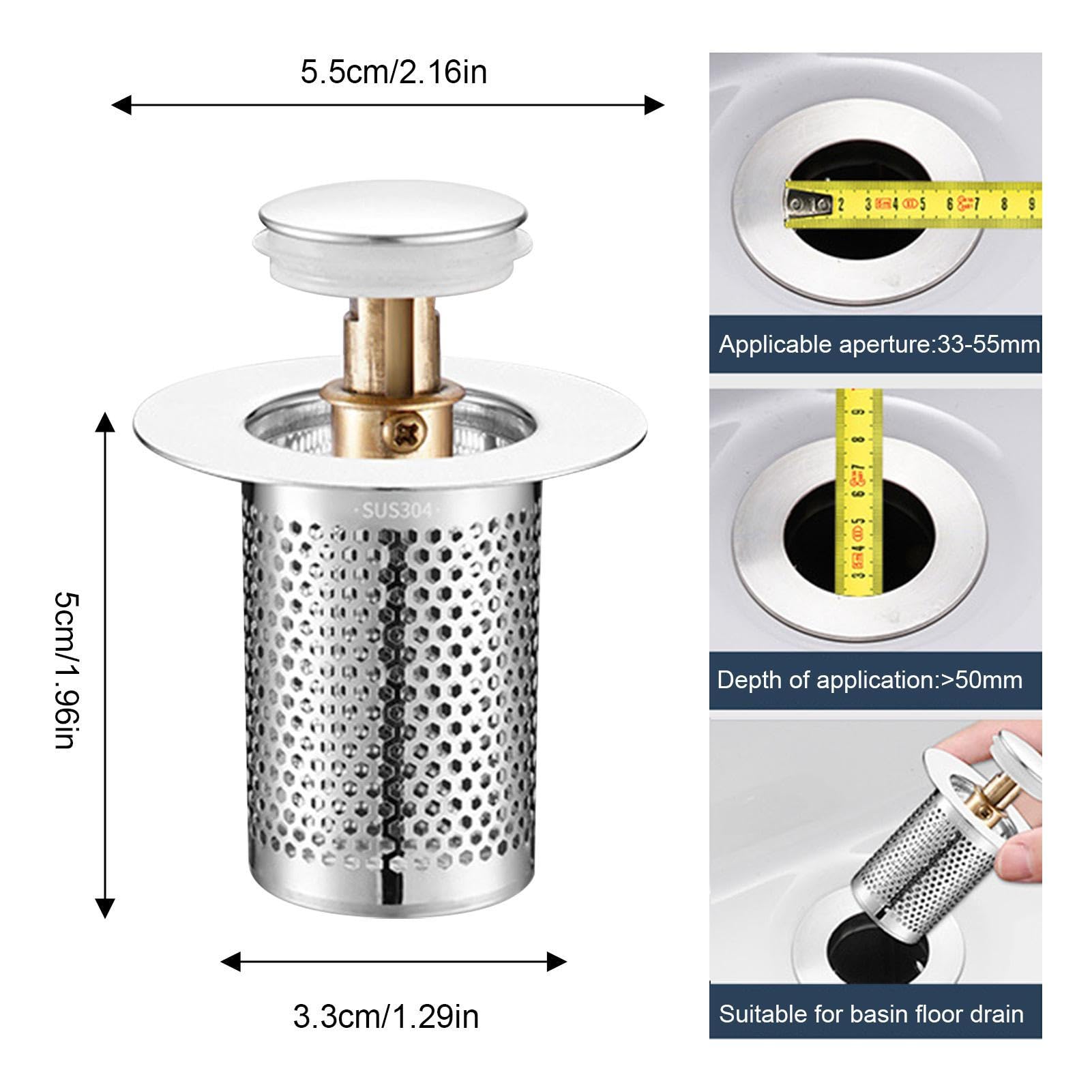 Pop Up Sink Drain Strainer, Anti Clogging Bathtub Drain Stopper, Drain Plug Stopper, Sink Drain Stopper, Washbasin Bathtub Drain for Lavatory, Anti Clogging Bathroom Hair Catcher for Shower Drain