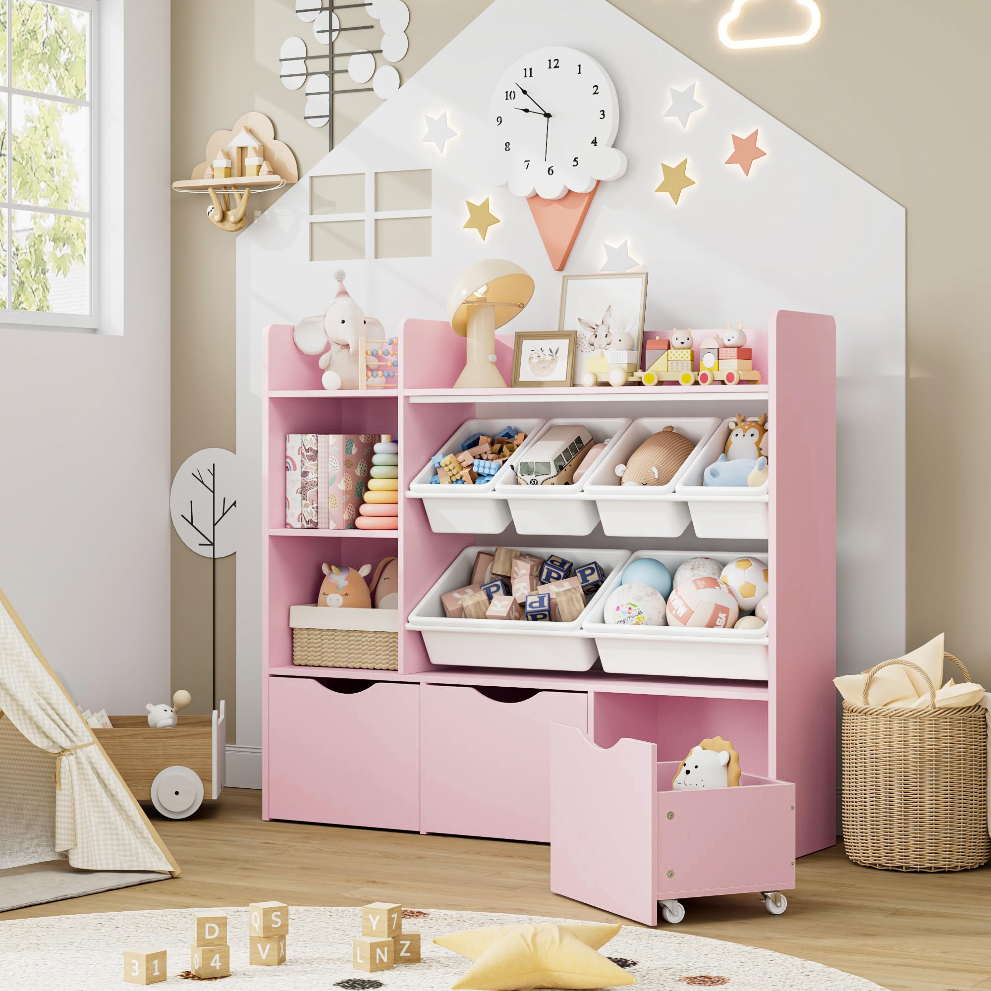 FACBOTALL Toy Storage Organizer with 3 Movable Drawers, Bookshelf and Bookcase with 6 Plastic Bins & 2 Storage Cubbies, Toy Chest with Hidden Wheels, Toy Storage Box for Playroom, School, White