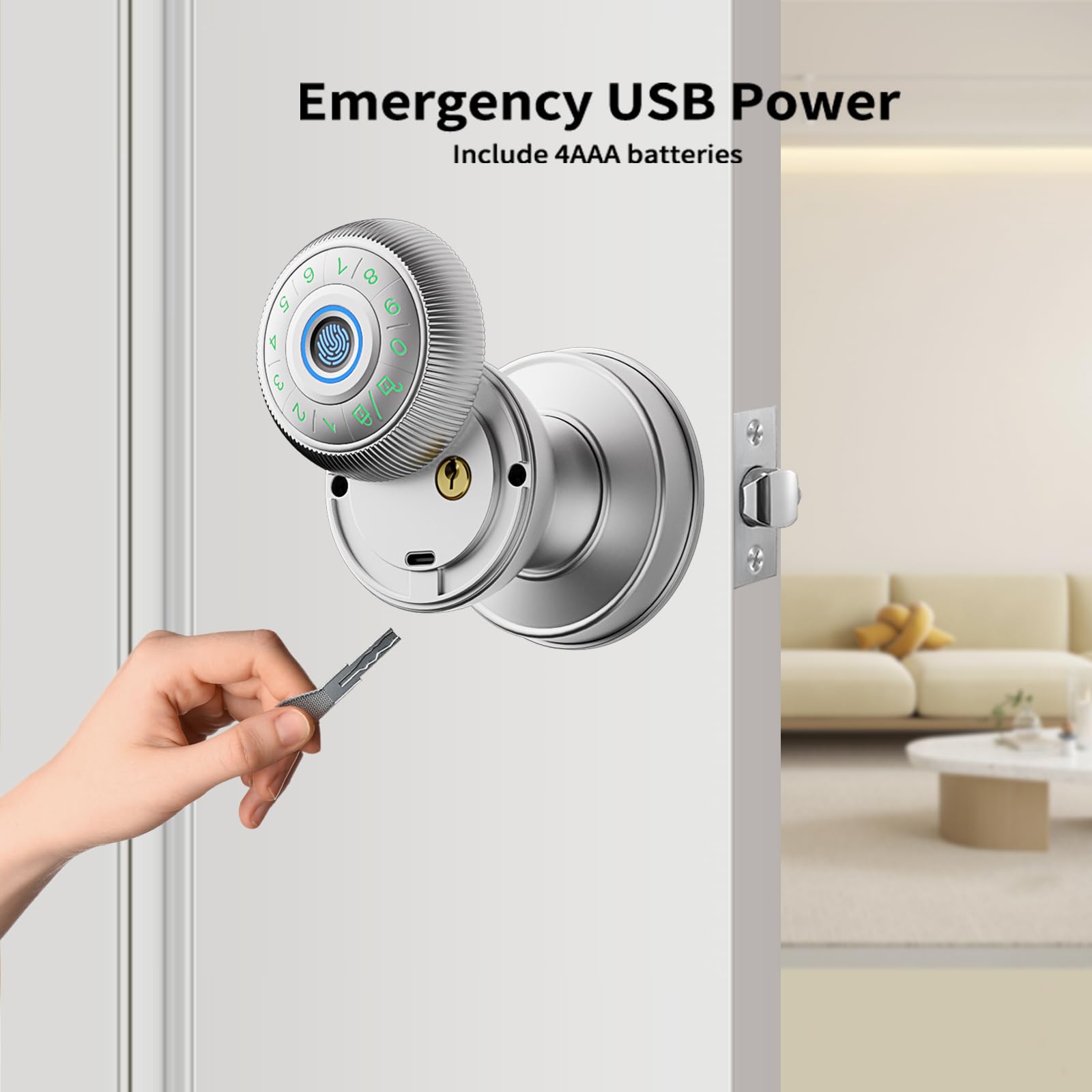 Fingerprint Door Lock,Smart Door Knob,biometric lock, keypad entry,keyless handle.Ideal for bedroom,home,hotel,office,apartment.Enhances security & convenience. (Silvery)