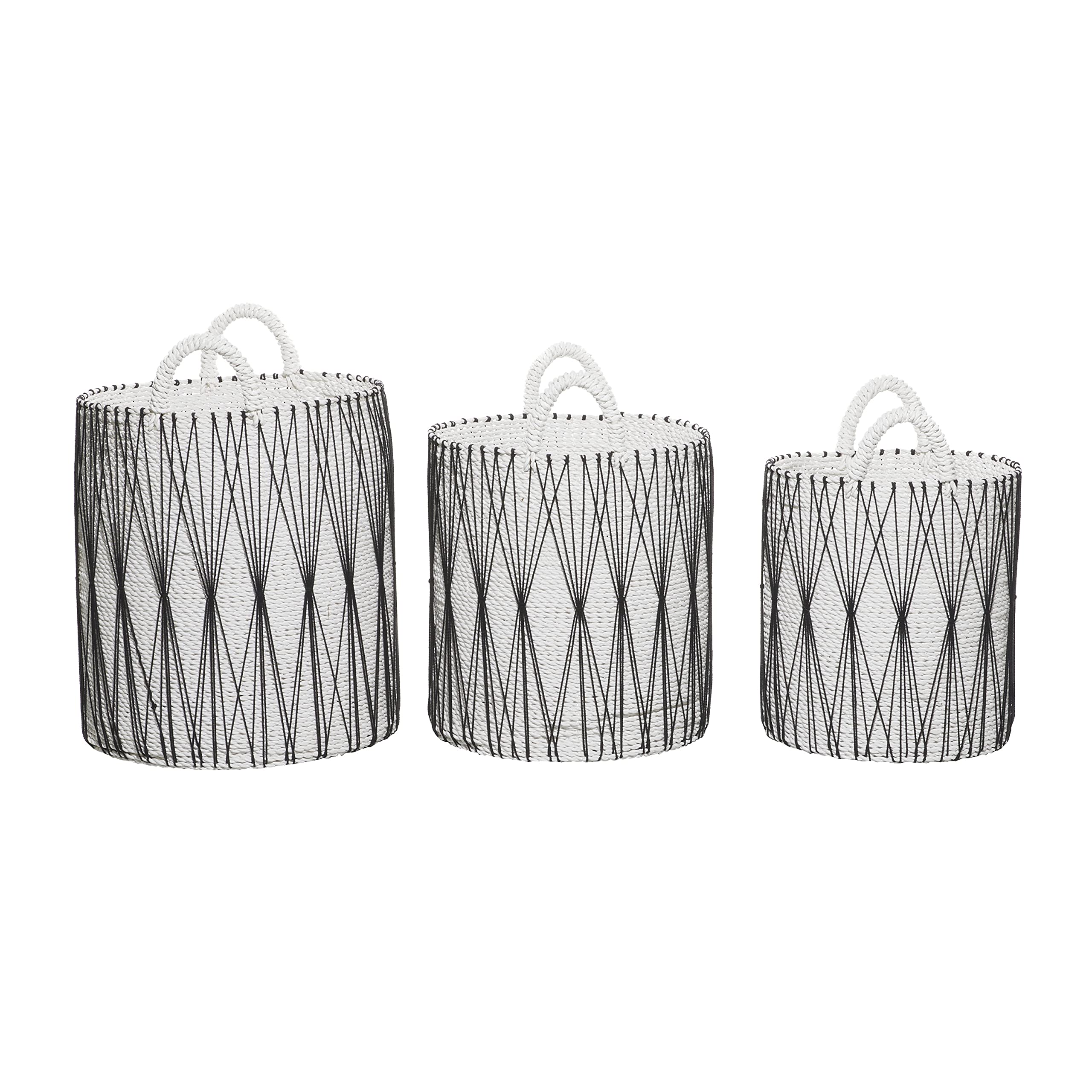 Deco 79 Plastic Handmade String Detail Storage Basket with Handles, Set of 3 21", 21", 19"H, White