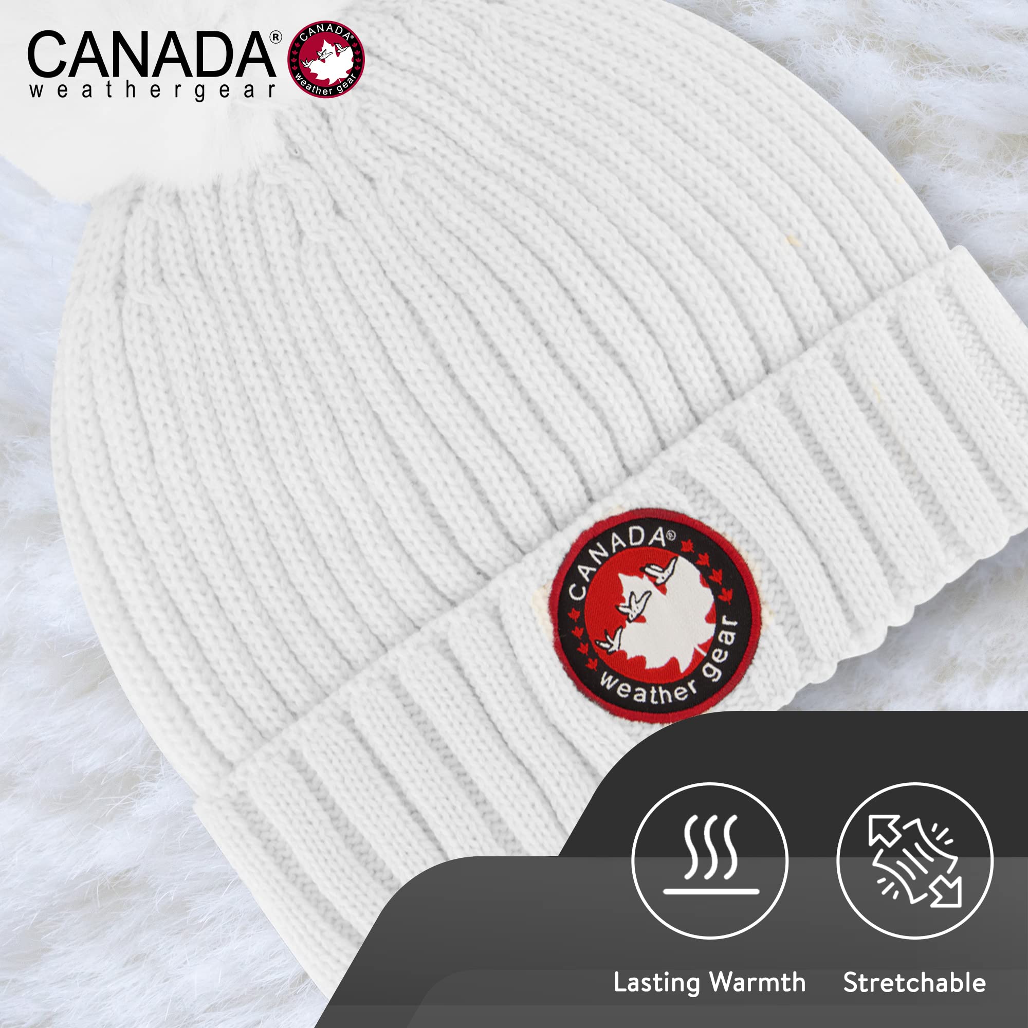 CANADA WEATHER GEAR Knitted Hat for Women - Cozy Winter Hat with Pom Pom - Single Cuffed Beanie Hat, White, One Size
