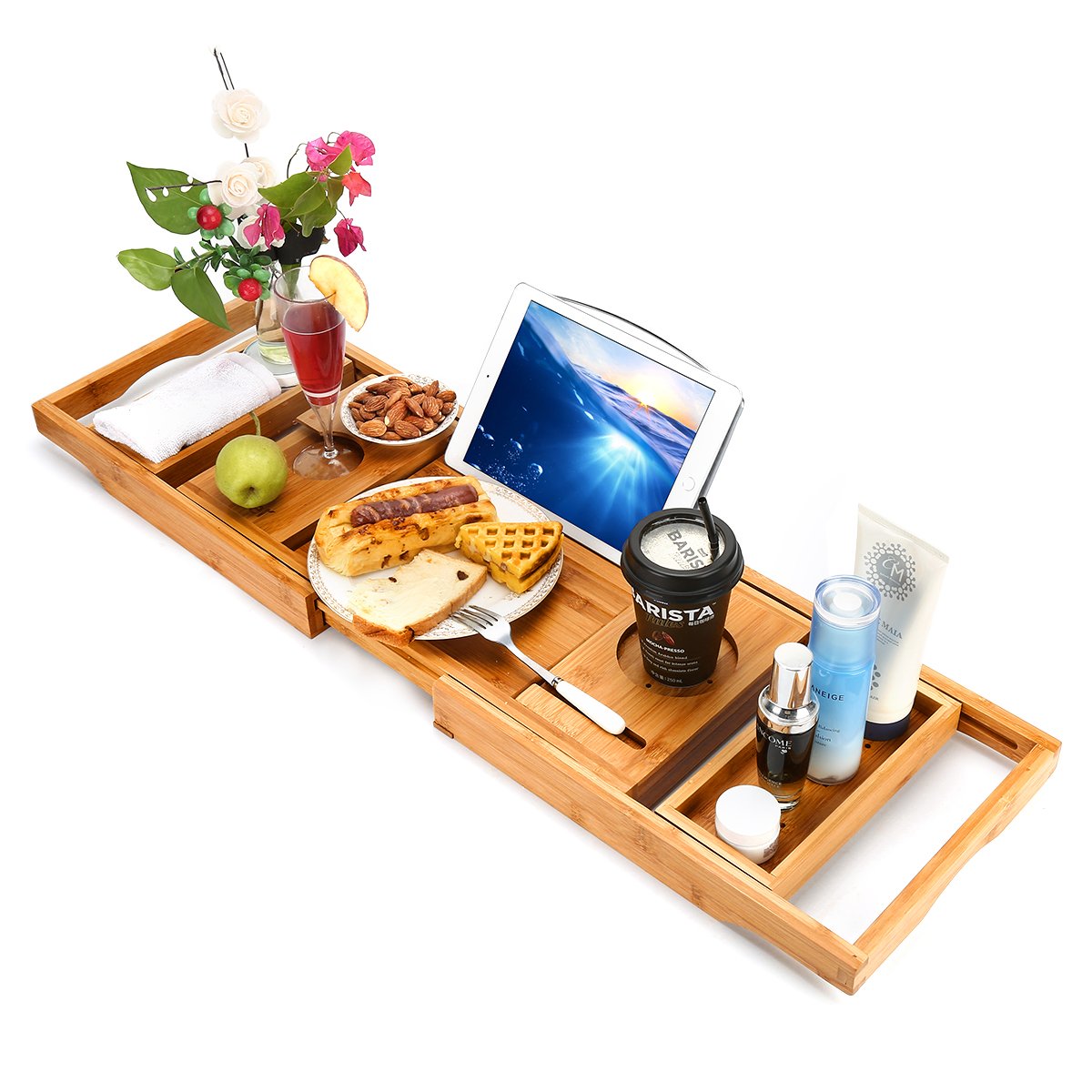 Hossejoy Bathtub Caddy Tray& Laptop Desk with Foldable Legs, 2 in 1 Wisdom Design β Luxurious Bathtub Caddy with Extending Sides, Tablet Holder, Reading Rack,Cellphone Tray and Wine Glass Holder