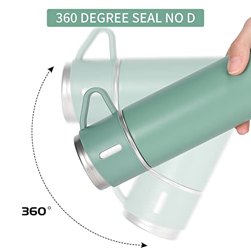 MUCR 500ml/17 OZ Stainless Steel Coffee Thermo Vacuum Flask Set, Insulated Water Bottle with Three Cup for Hot and Cold Drinks, Green